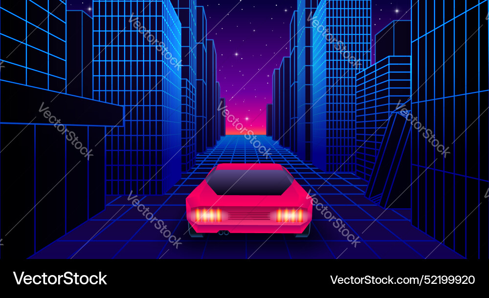 Neon car in 80s synthwave style racing throug Vector Image