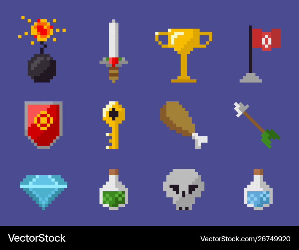 Pixel game icons bomb diamond trophy flag skull Vector Image