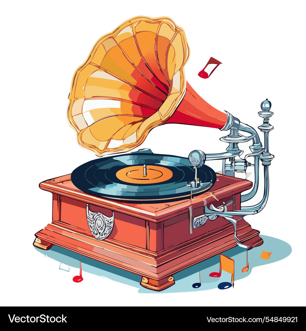 Gramophone playing a record line art Royalty Free Vector