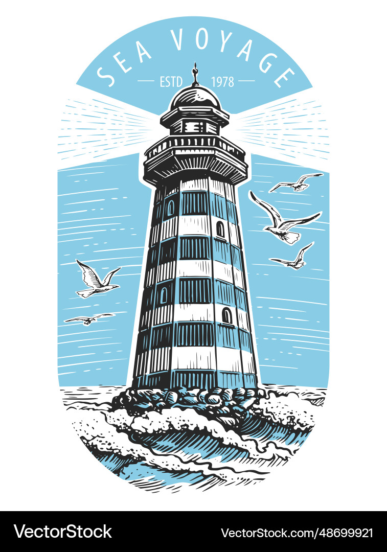 Lighthouse on the sea sketch hand drawn Royalty Free Vector
