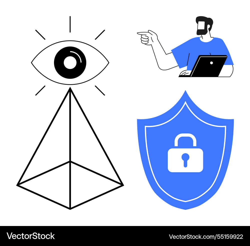 Eye in pyramid man with laptop and security Vector Image