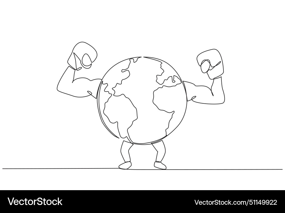 Single continuous line drawing globe raised both Vector Image