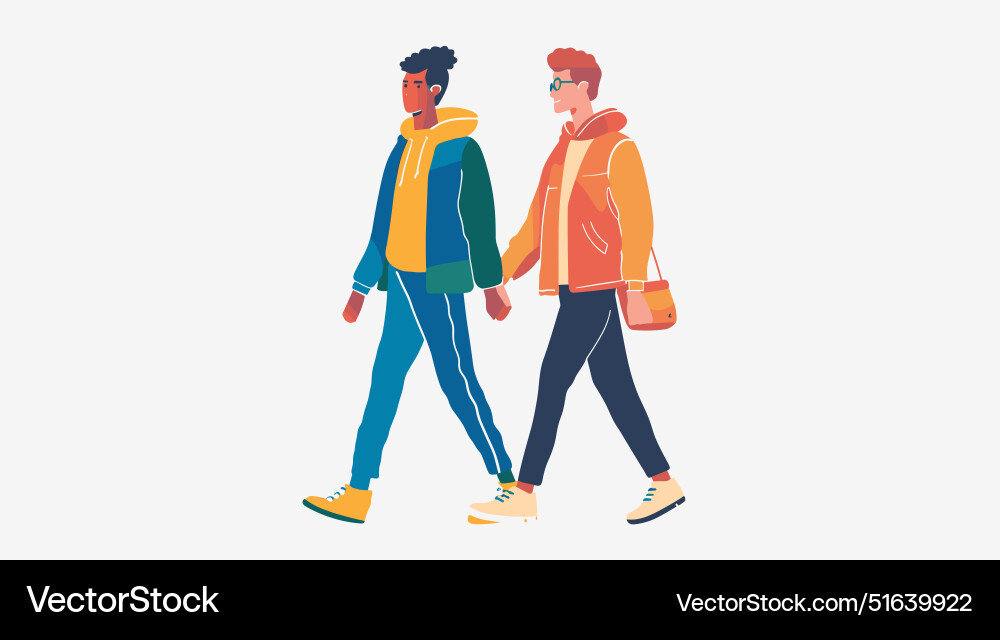 Two diverse young men walking together side side Vector Image