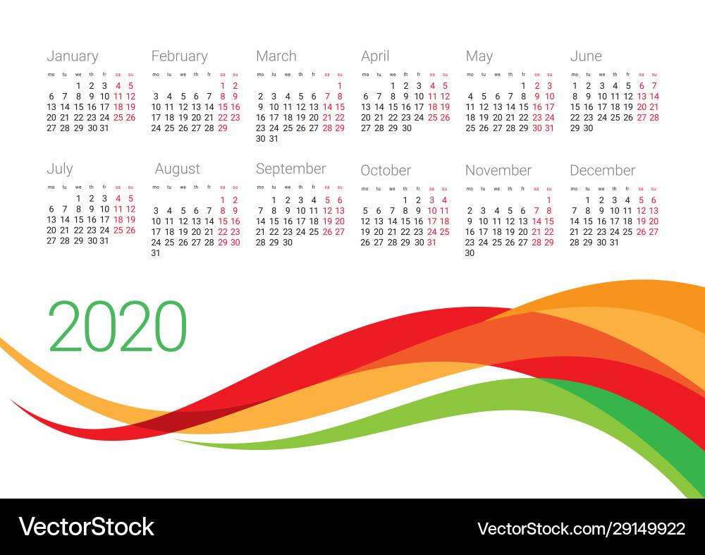 Year 2020 calendar design template Royalty Free Vector Image