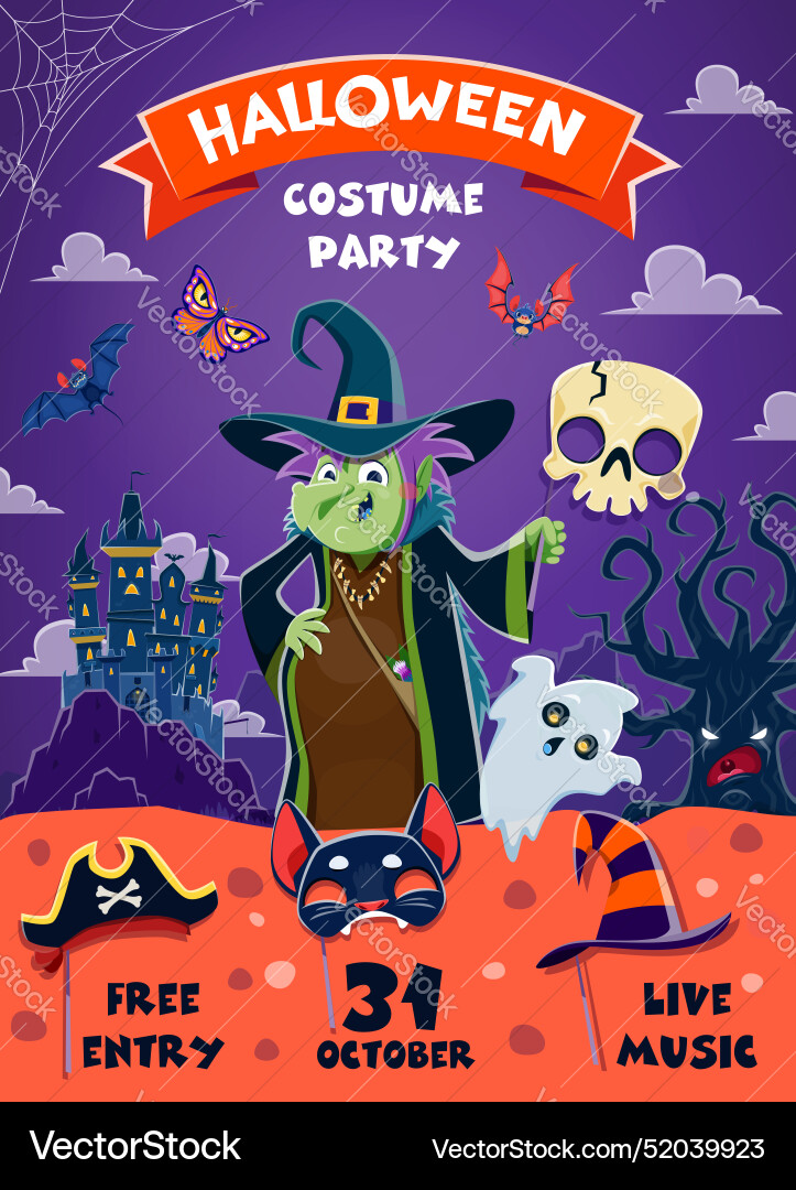 Halloween holiday party flyer with funny witch Vector Image