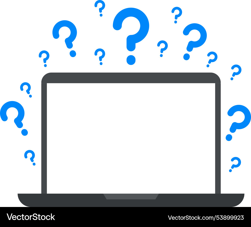 Laptop with question marks research problem Vector Image