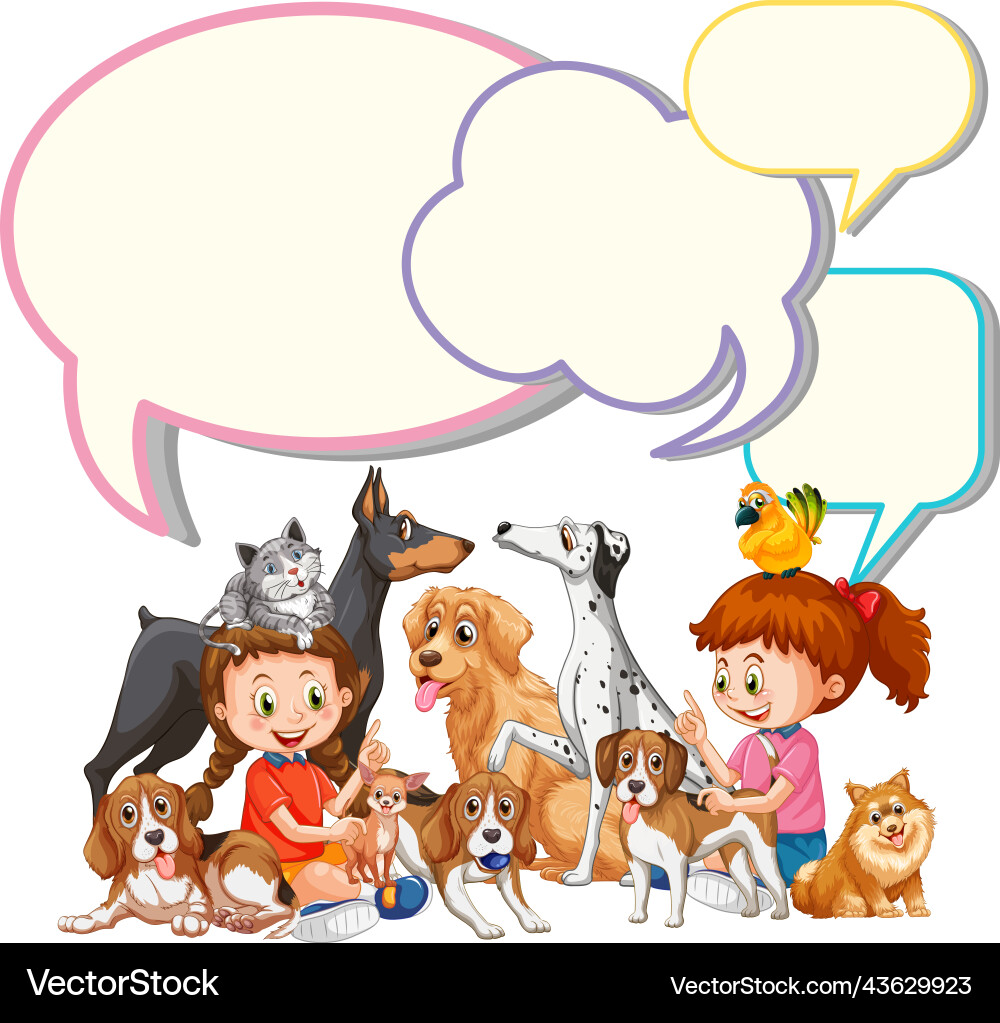 Speech bubble template with girls and pets Vector Image