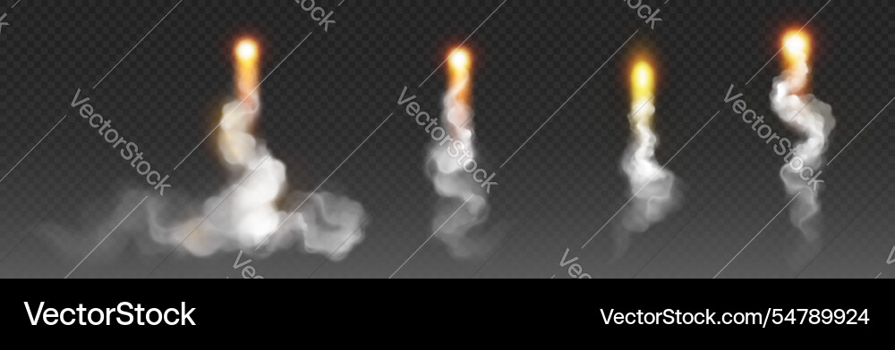 Rocket launch smoke and fire trails set Royalty Free Vector