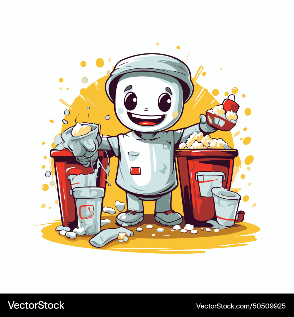 Cartoon robot throwing garbage into trash can Vector Image