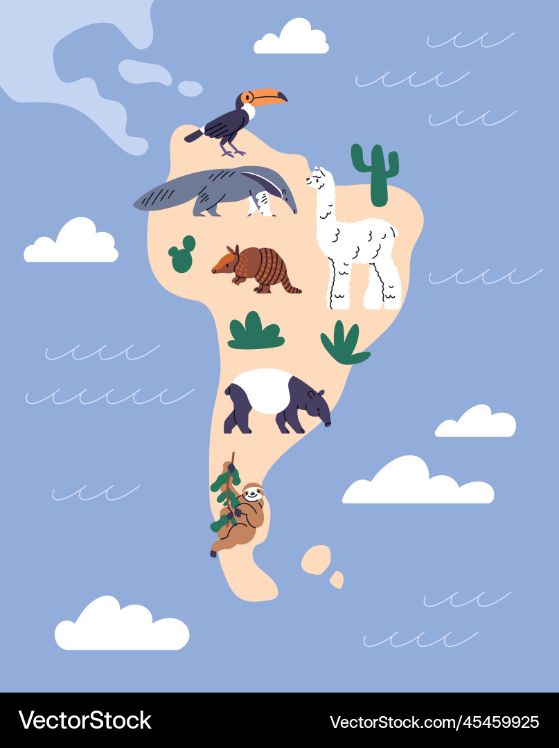 South america map with animals cute wild mammals Vector Image