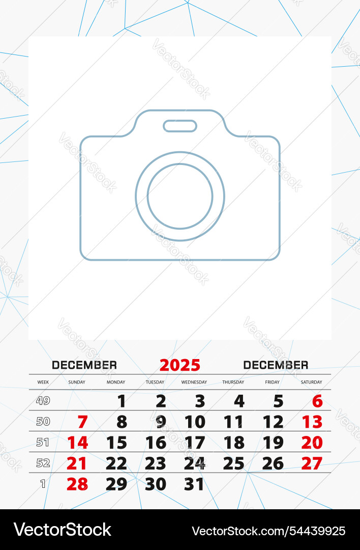 Wall calendar planner template for december 2025 Vector Image