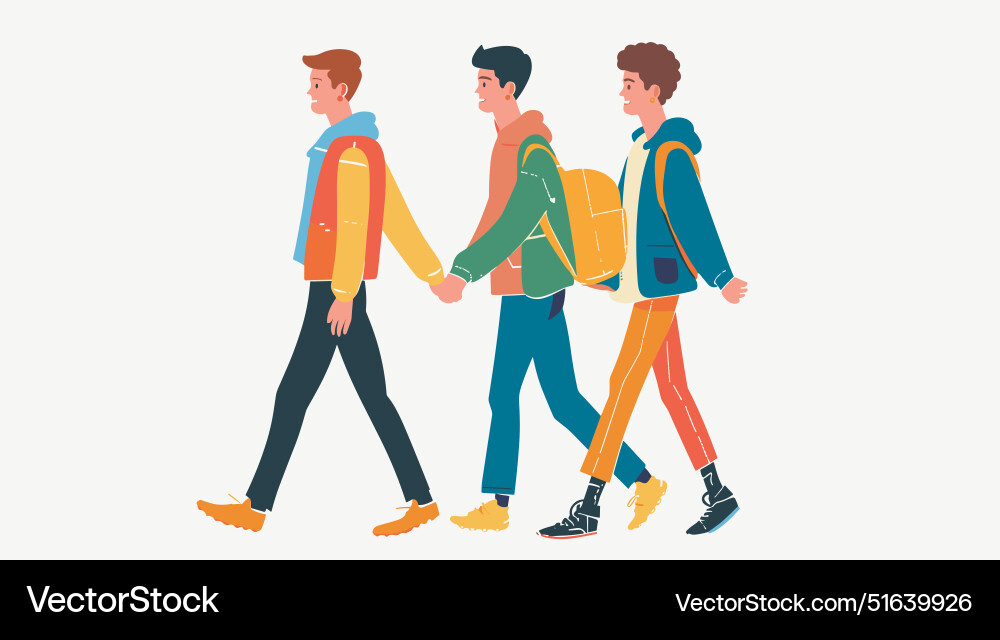 Three young men walking side side wearing Vector Image