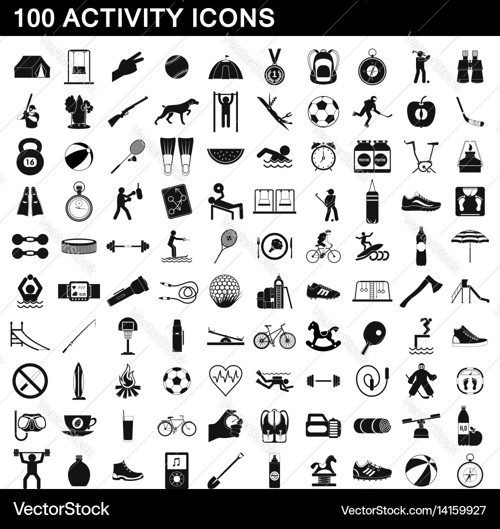 100 activity icons set simple style Royalty Free Vector