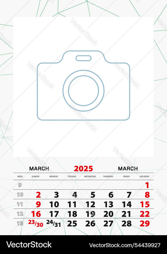 Wall calendar planner template for march 2025 Vector Image
