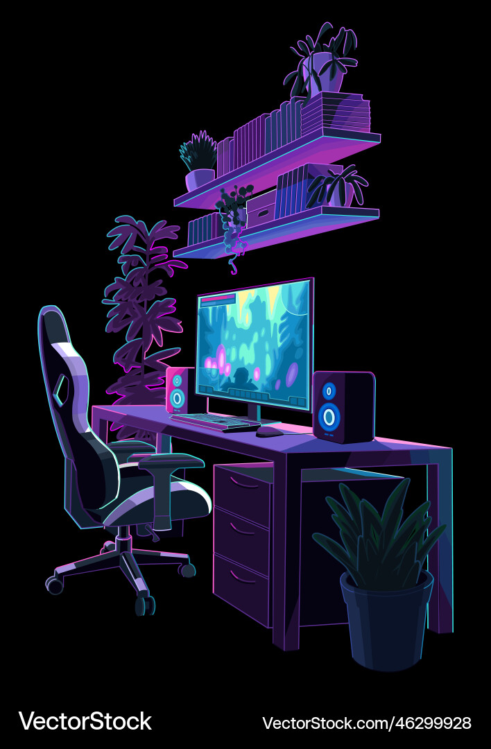 Computer set on a table with gaming chair and book