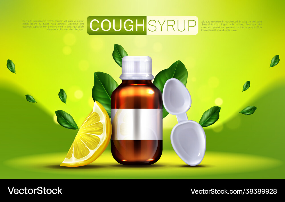 Cough syrup with lemon flavour banner mock up Vector Image