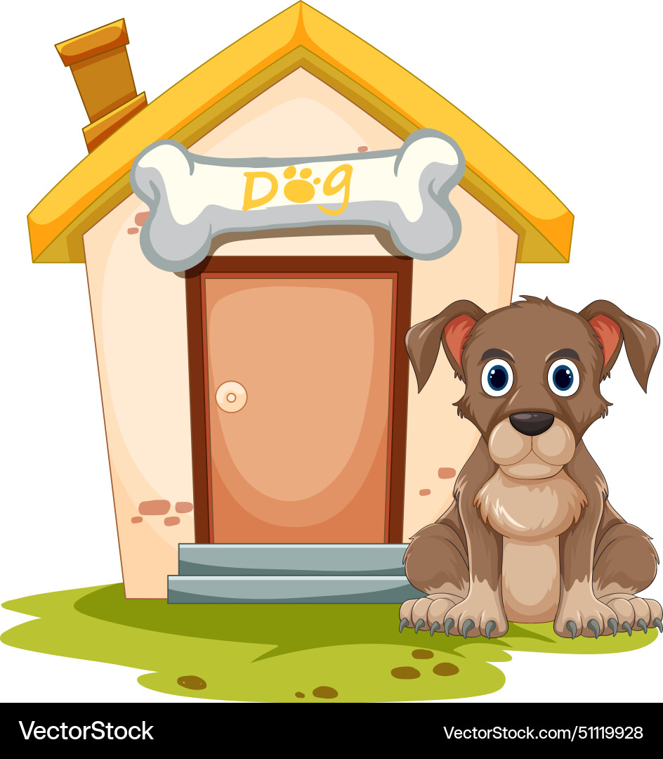 Cute brown puppy sitting outside its house Vector Image