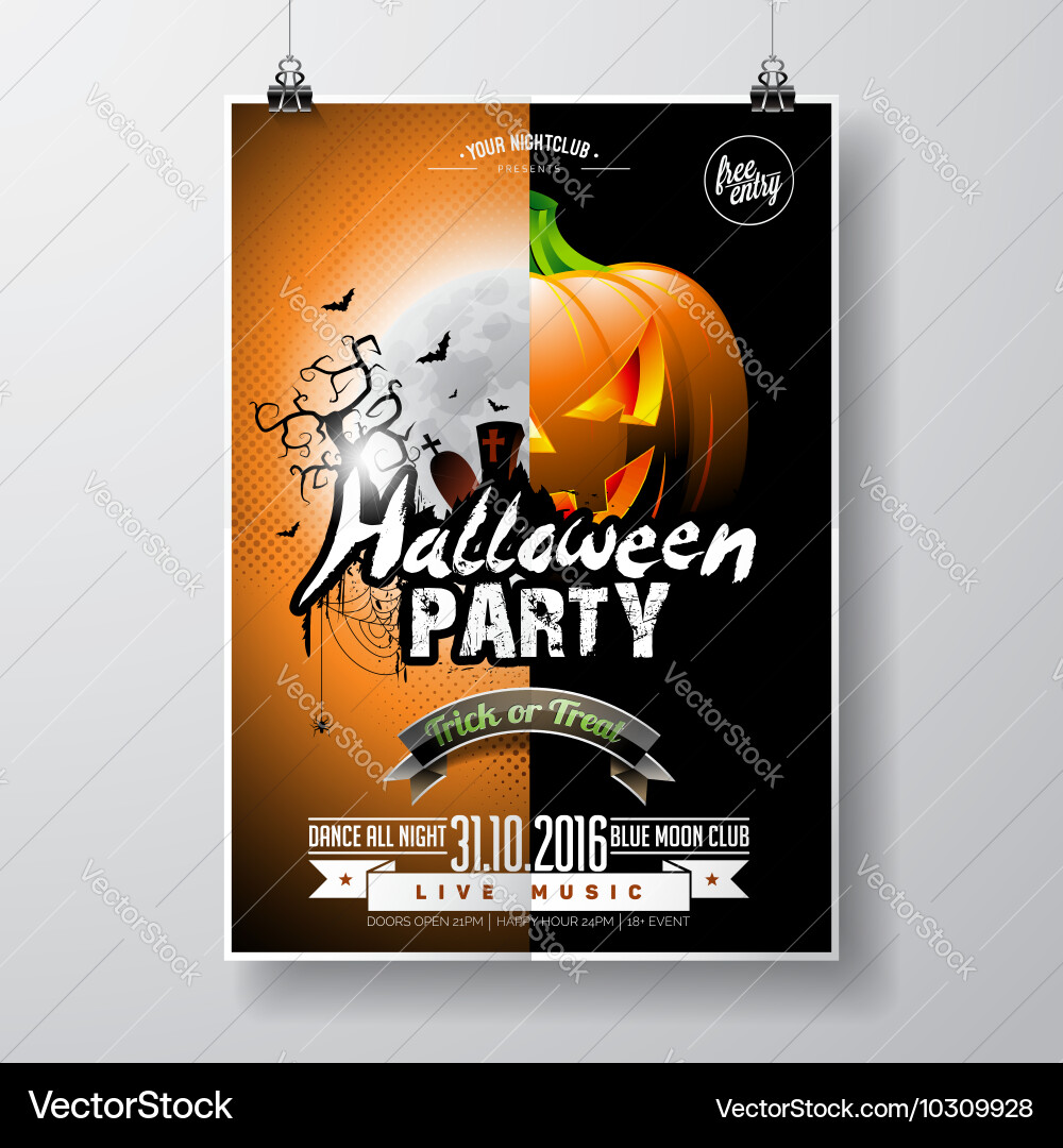 Halloween party flyer with pumpkin and moon Vector Image