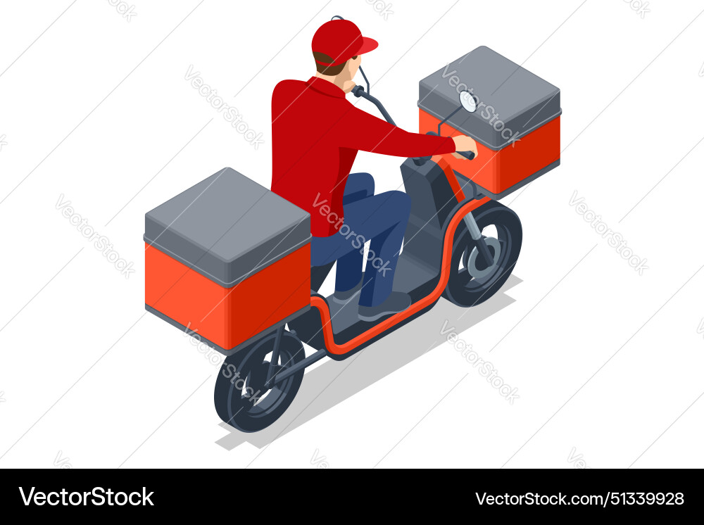 Isometric red delivery motorcycle man Royalty Free Vector