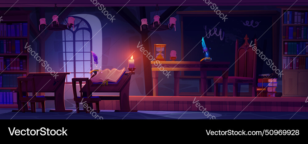 Magic school classroom interior at night Vector Image