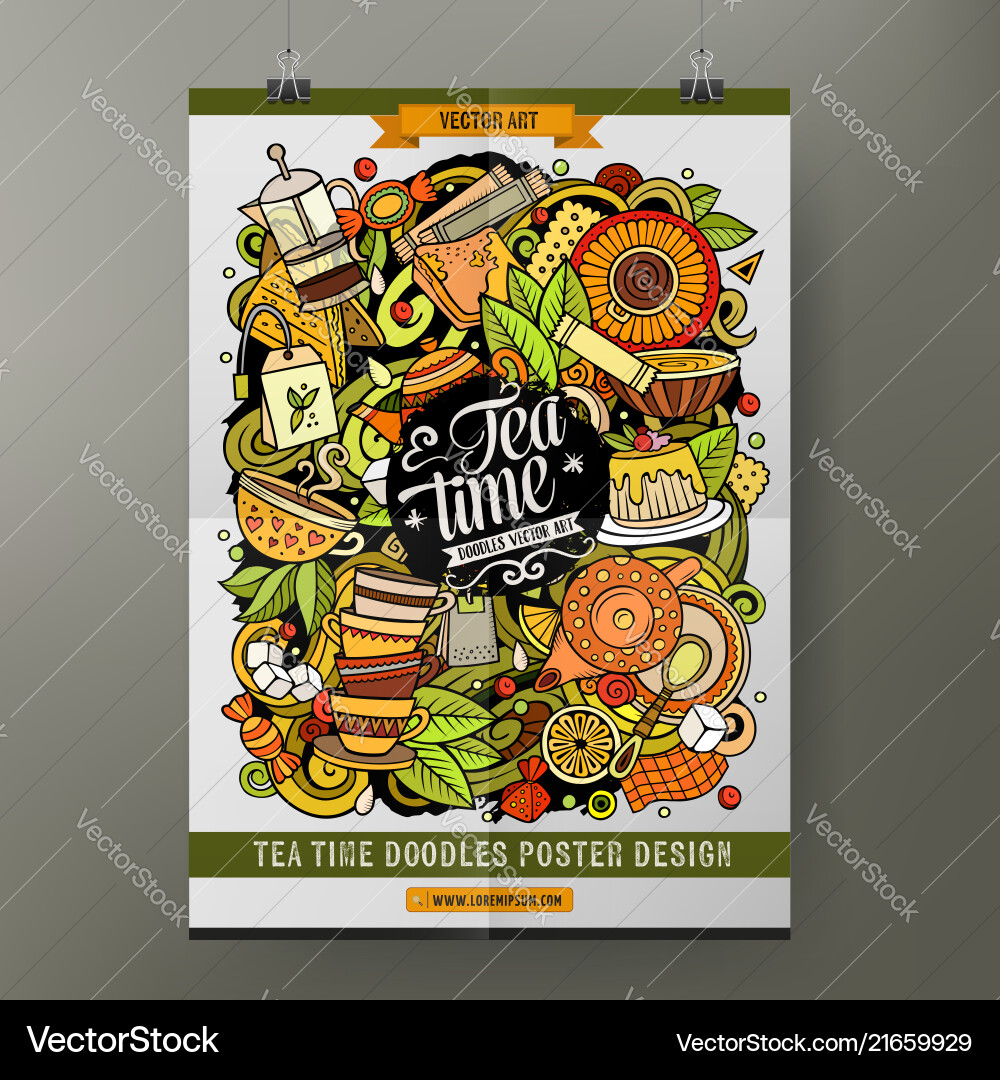 Cartoon hand drawn doodles tea poster Royalty Free Vector