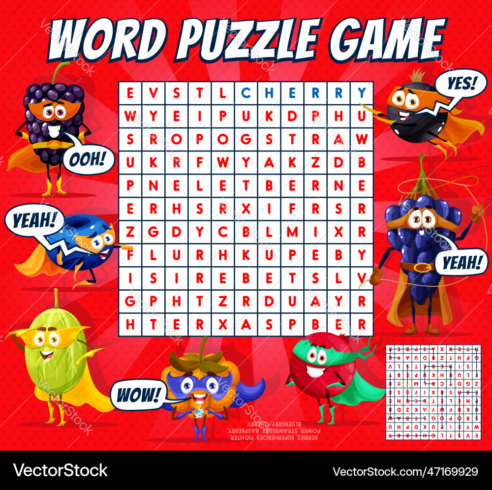 Superhero berry characters word puzzle game Vector Image
