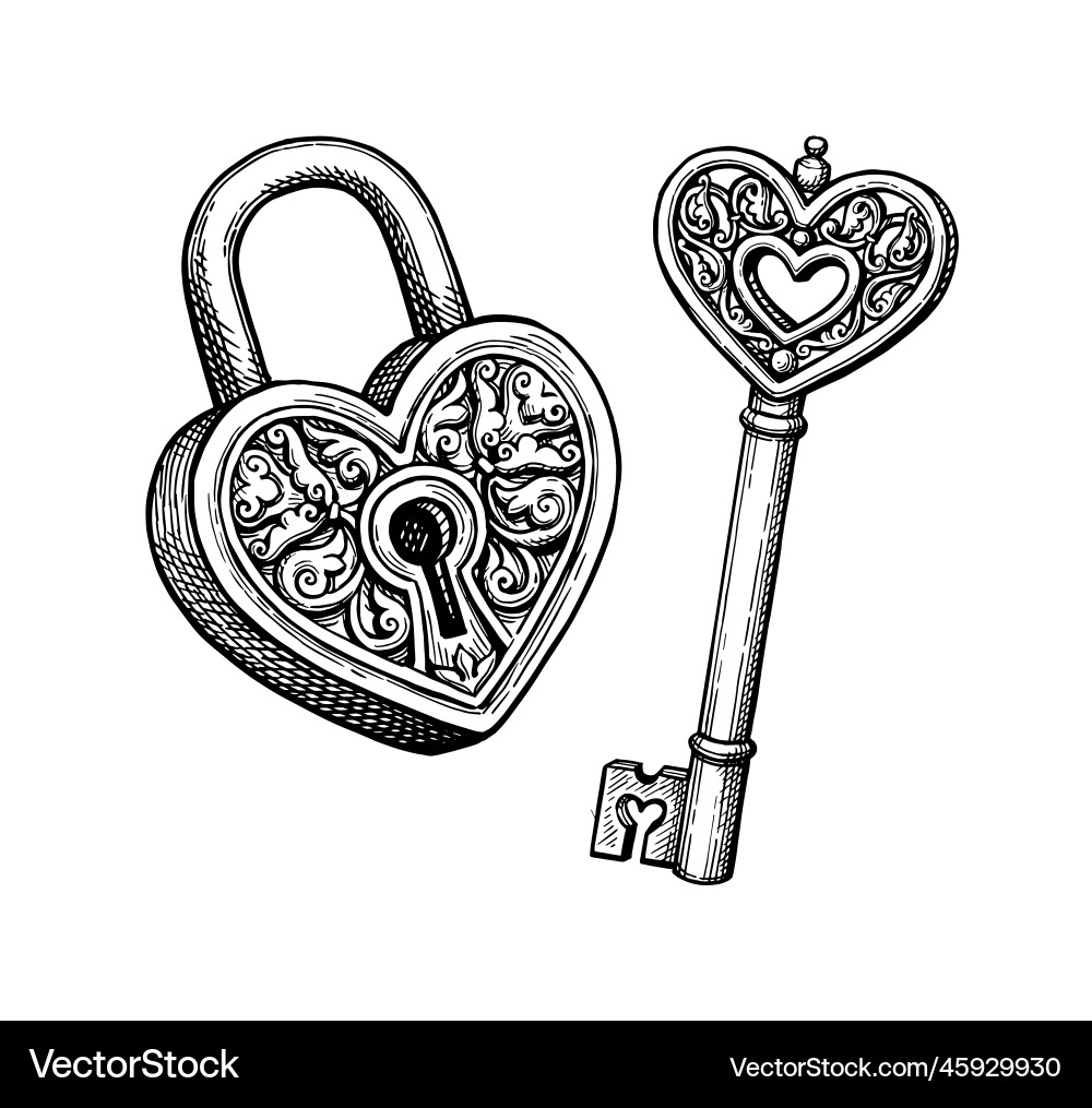 Vintage padlock and key ink sketch Royalty Free Vector Image