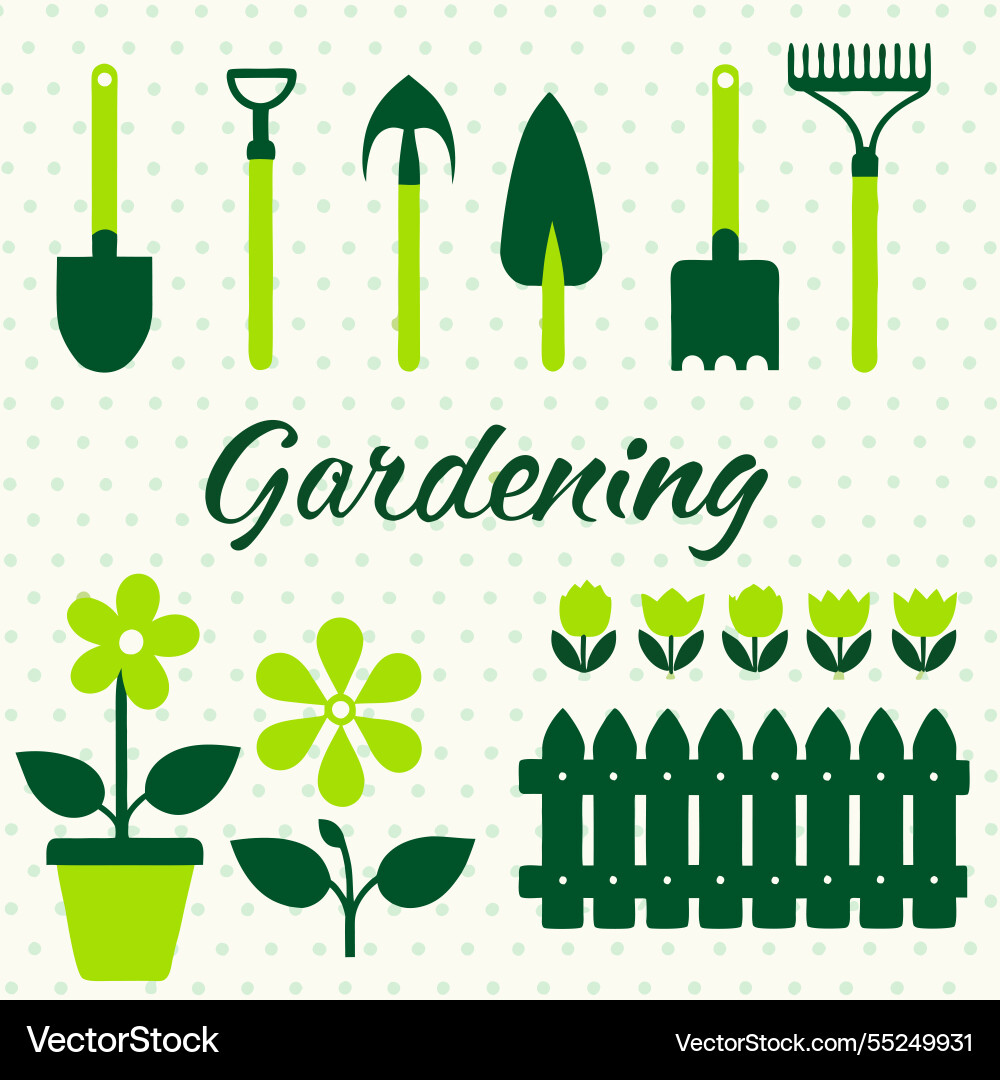Colorful garden tools and plants Royalty Free Vector Image