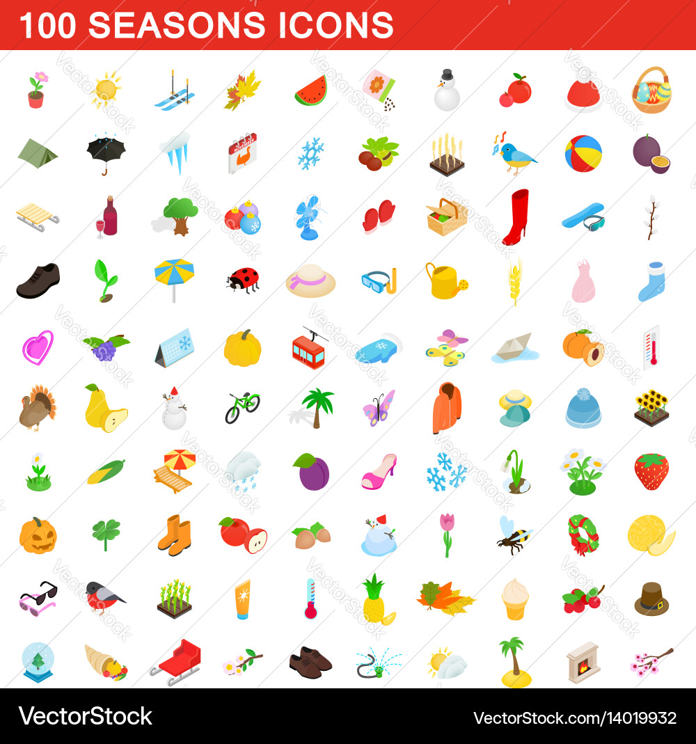 100 Seasonal Icon Set - Isometric Style Royalty Free Vector
