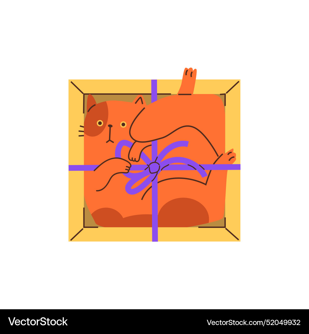 Cute ginger cat lies inside in gift box decorated Vector Image