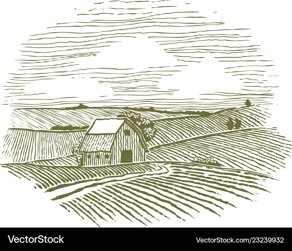 Woodcut farm fields Royalty Free Vector Image - VectorStock