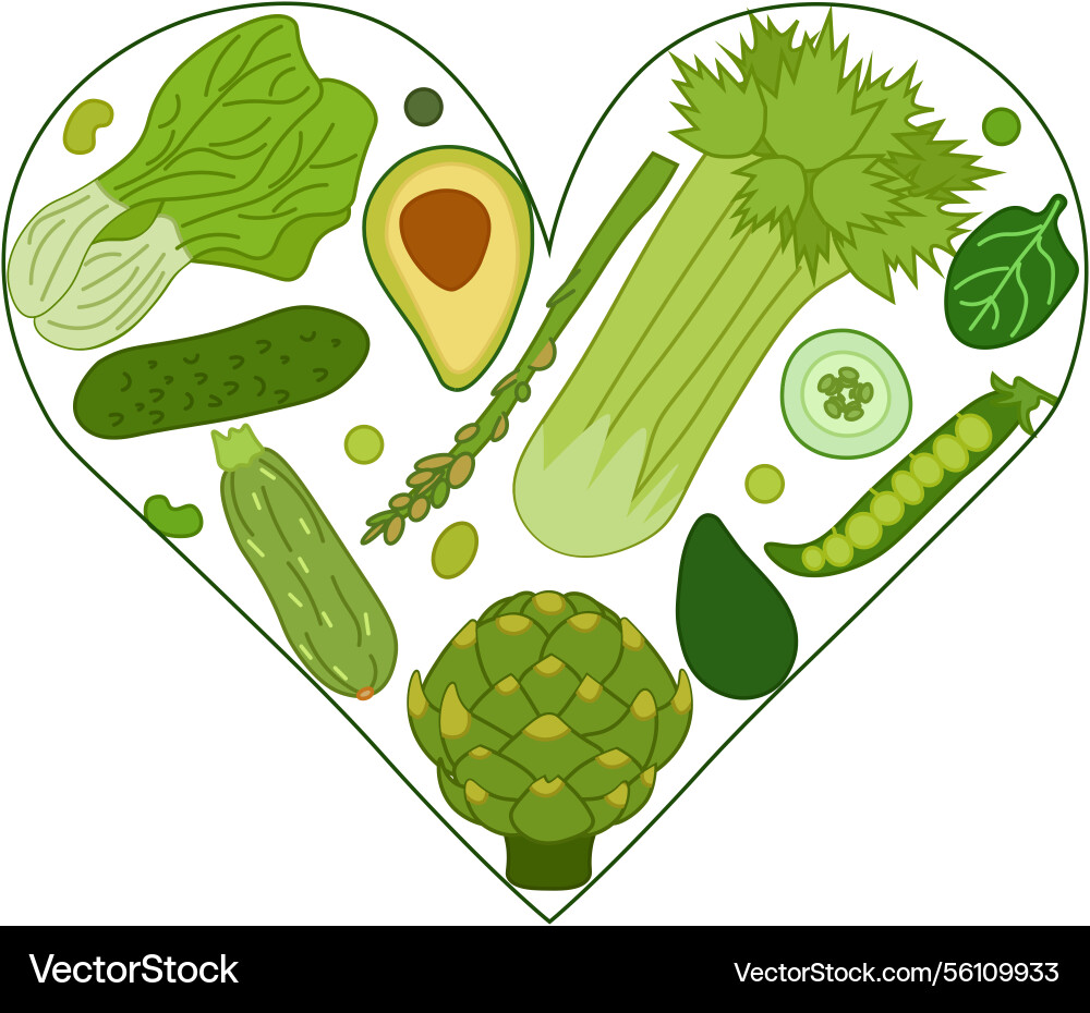 Heart shaped green vegetables composition flat Vector Image