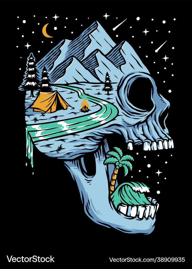 Mountain and beach on skull island at night Vector Image