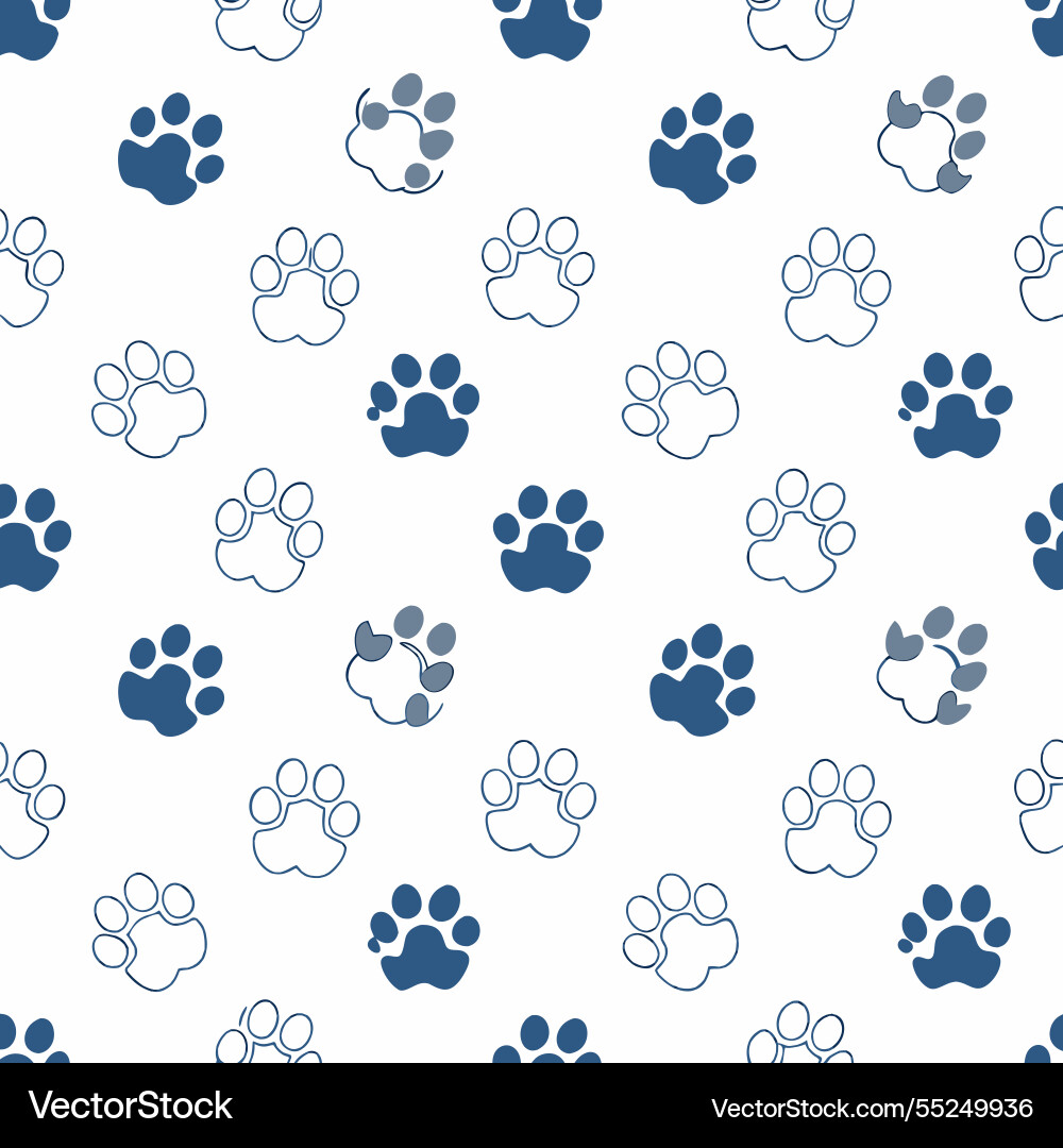 Adorable blue paw print pattern on white Vector Image
