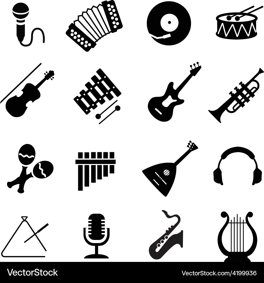 Assorted black musical instruments icons Vector Image
