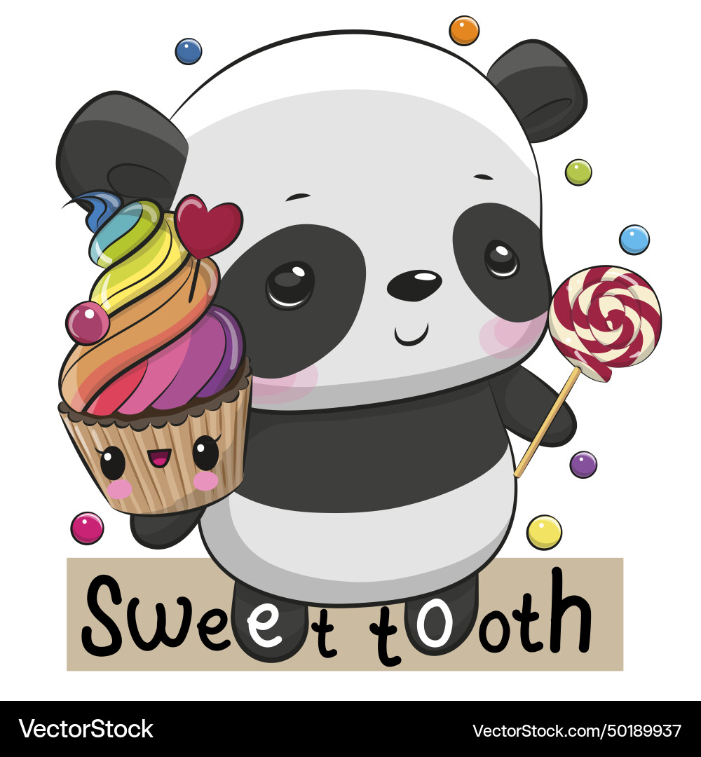 Panda sweet tooth with cupcake and lollipop Vector Image