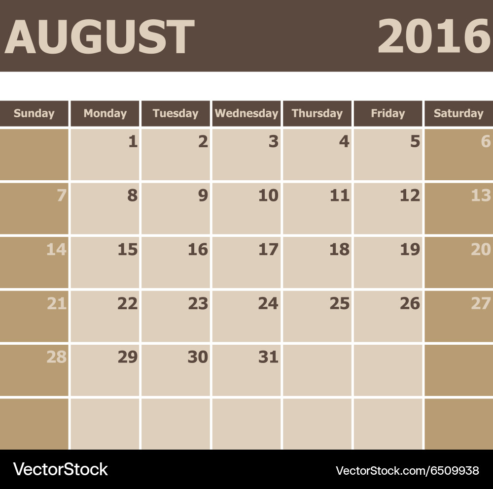 Calendar august 2016 week starts from sunday Vector Image