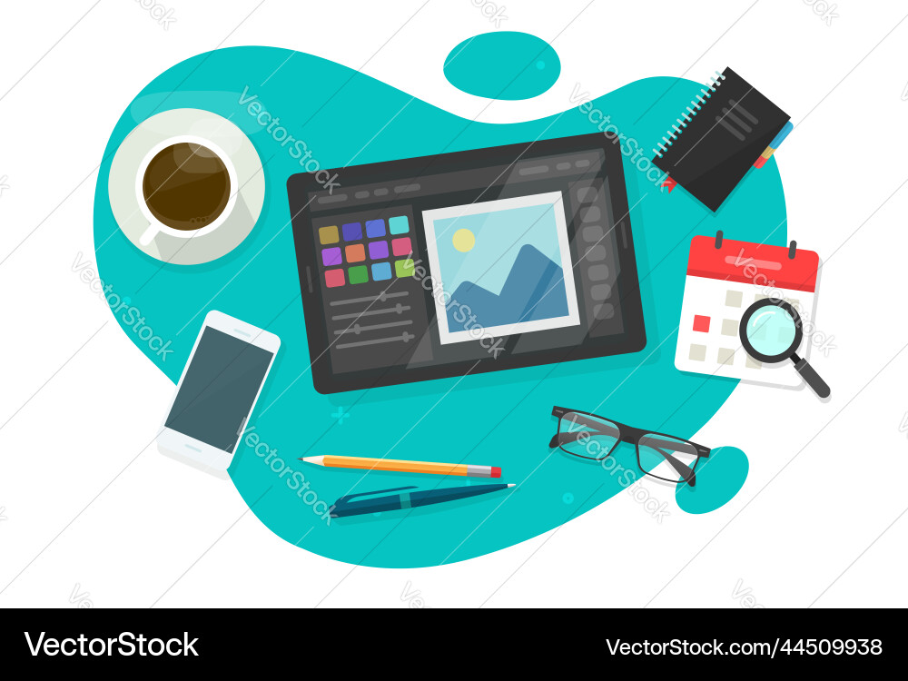 Photo image graphic designer table top view Vector Image