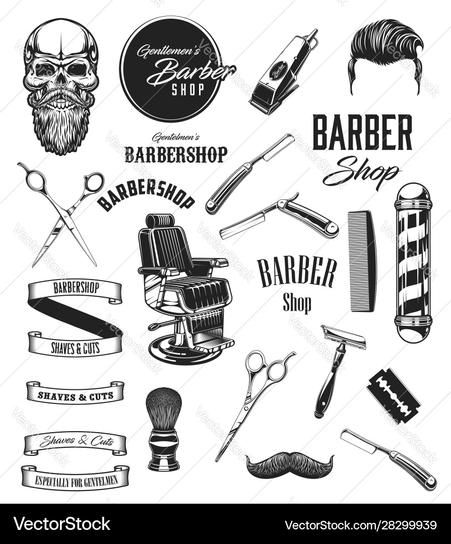 Barber Shop Icons: Mustaches, Beards & Tools Vector Image
