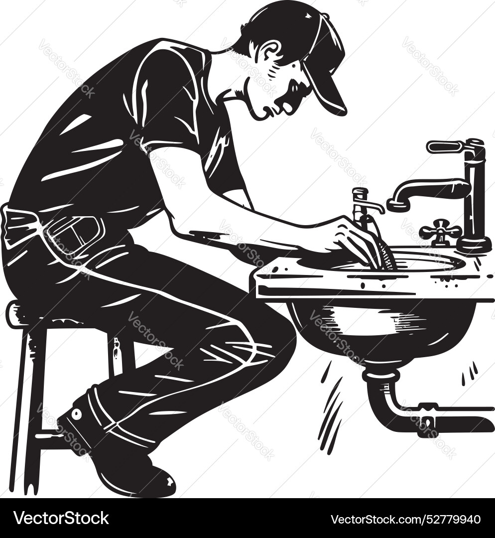 Flow finder plumbing worker repairs emblem pipe Vector Image