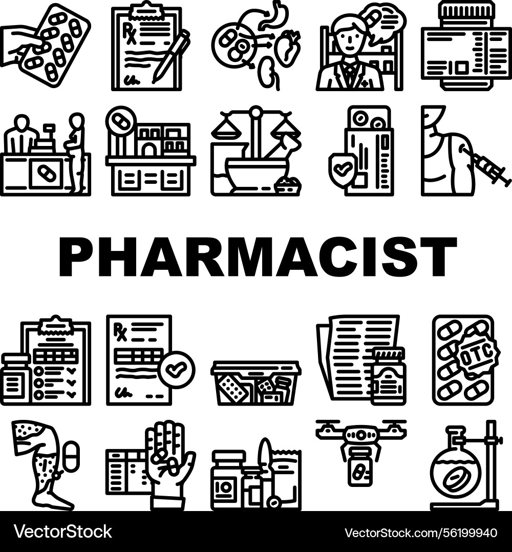 Pharmacist medication drugs icons set Royalty Free Vector
