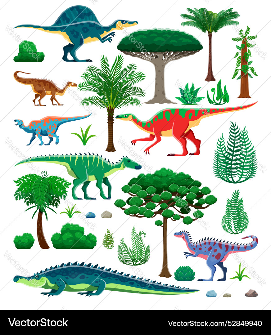 Prehistoric Jurassic Era Dinosaurs Trees Plants Vector Image