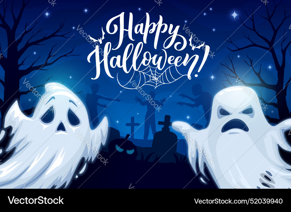 Scary halloween ghosts on cemetery background Vector Image