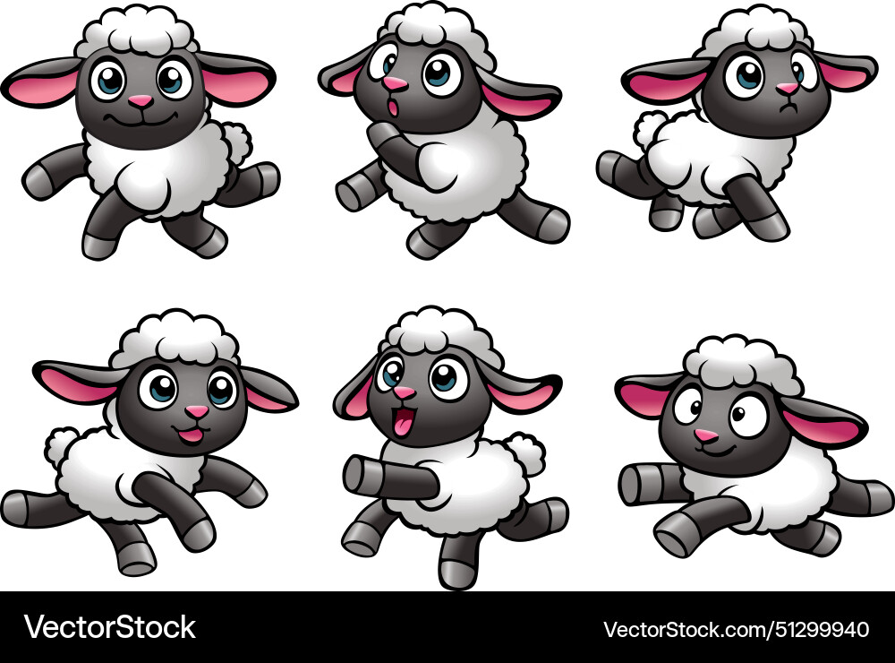 Six funny cartoon white sheep with different Vector Image