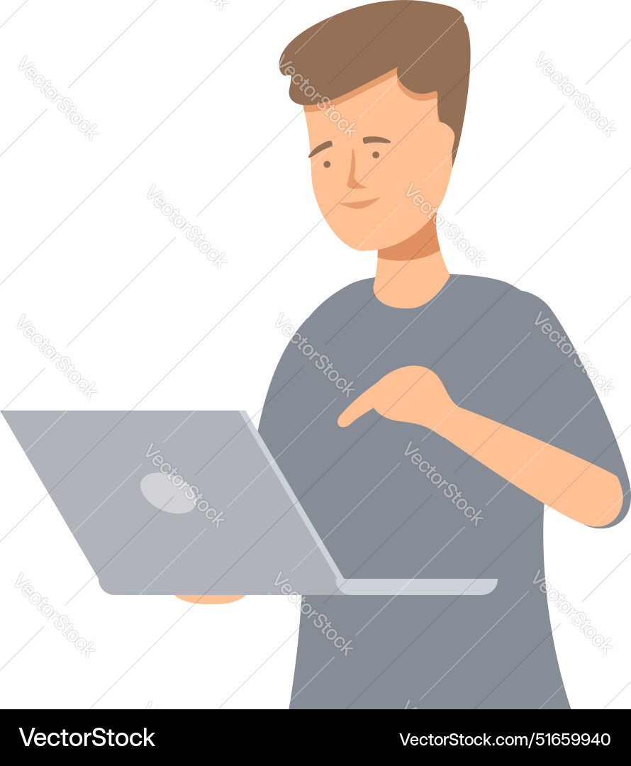 Young man pointing at laptop screen while working Vector Image