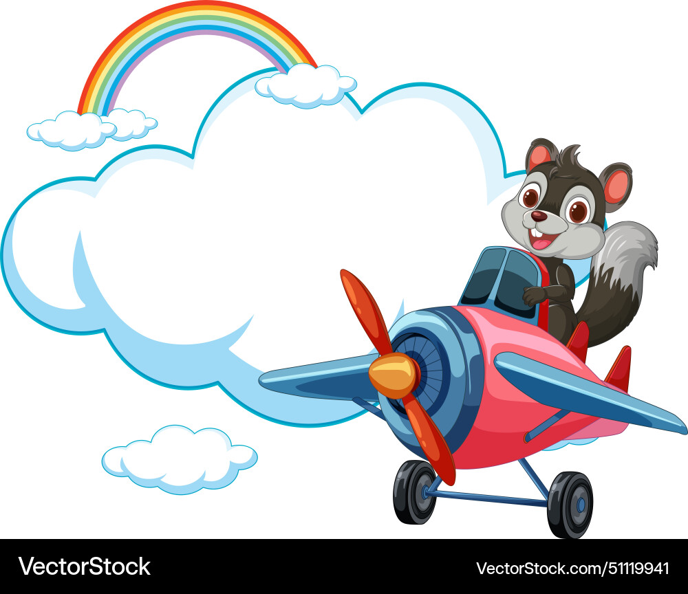 Cartoon squirrel flying a plane with rainbow Vector Image