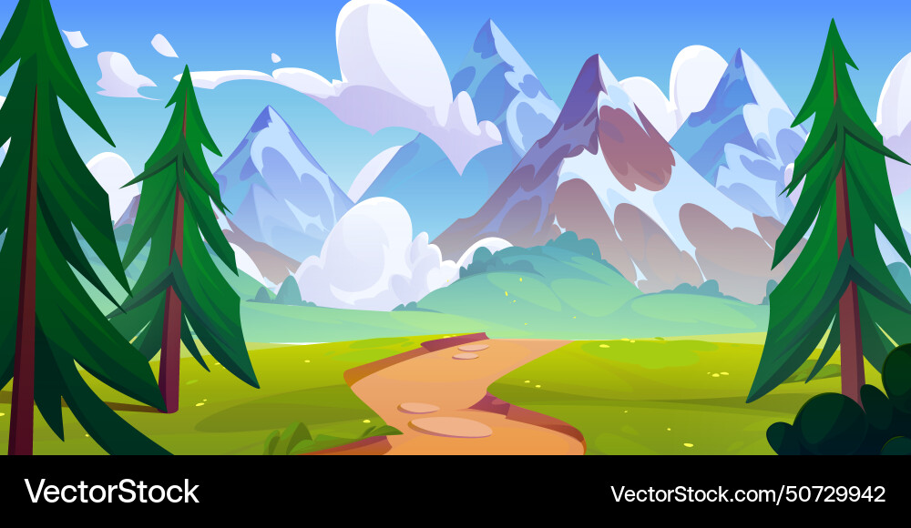 Curve foot path from forest to mountains Vector Image