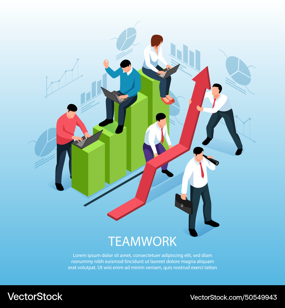 Teamwork isometric composition poster Royalty Free Vector