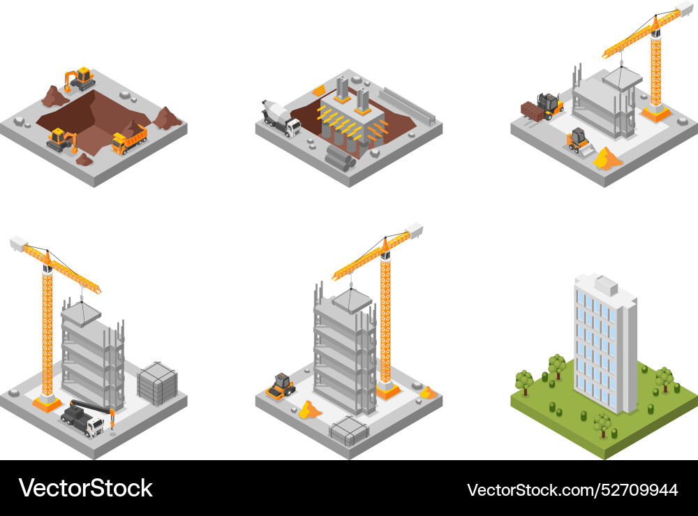 Isometric building process special machineries Vector Image
