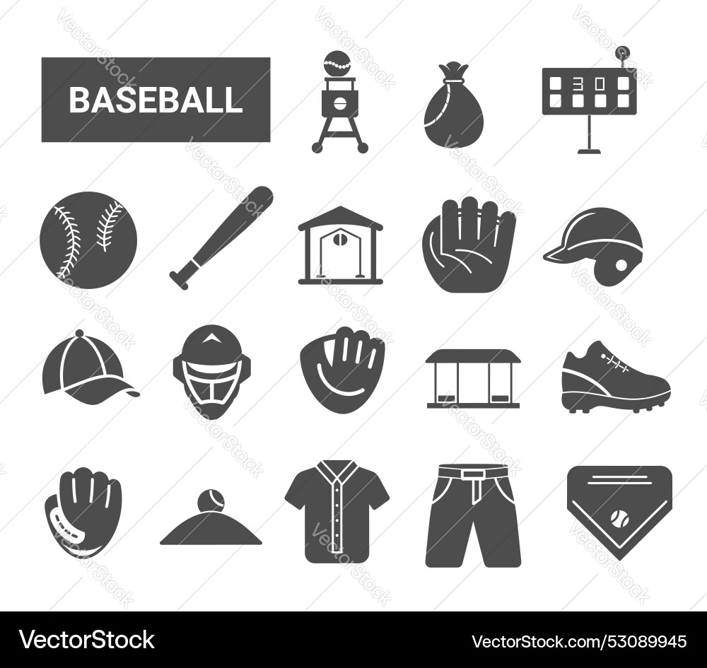 Black white icon set baseball equipment symbols Vector Image